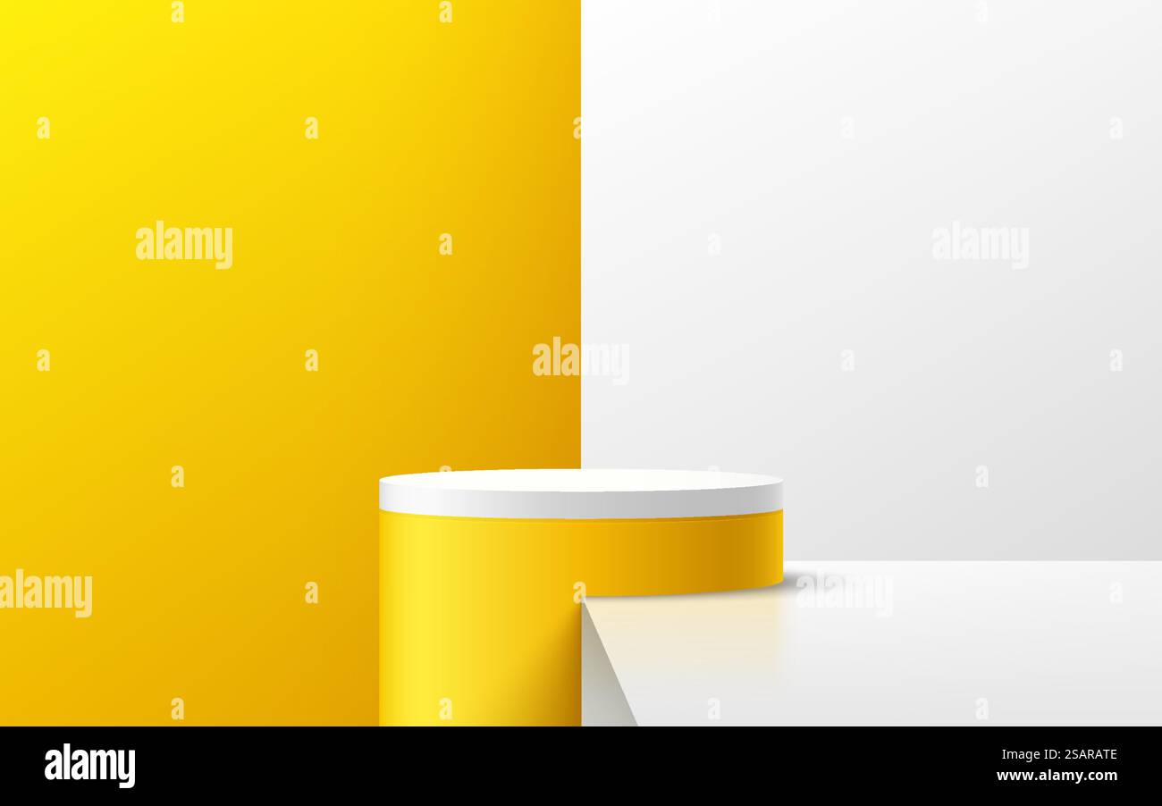 Abstract white and yellow cylinder platform podium. Bright yellow and ...