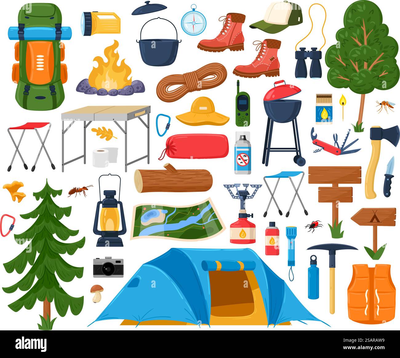 Cartoon hiking equipment, tourist camping campfire, tent and sleeping ...