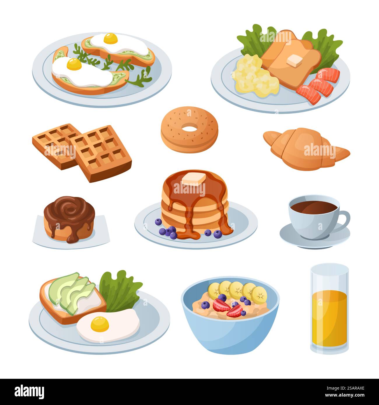 Morning food. Cartoon breakfast meals. Glass of juice and toast with ...