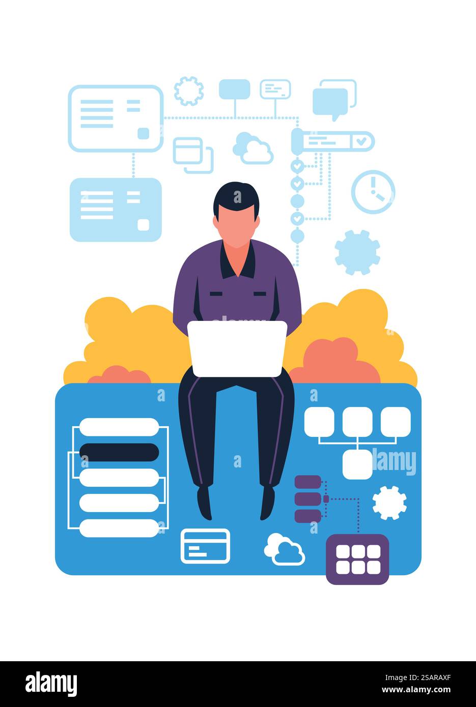 Successfully organizing workflow. Time management concept. Cartoon man working with laptop ...