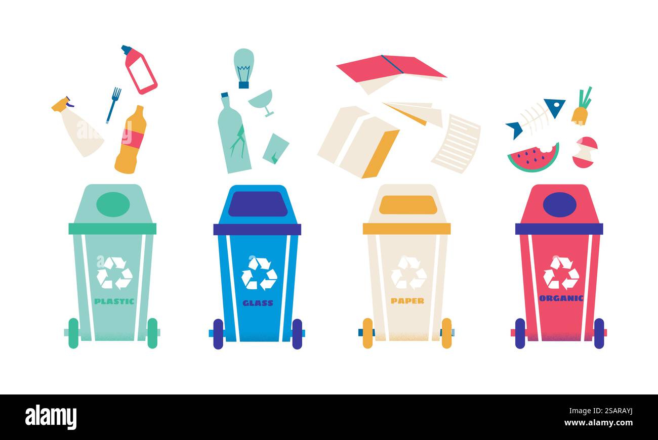 Garbage recycle. Trash bin for different type of waste. Dustbins with ...