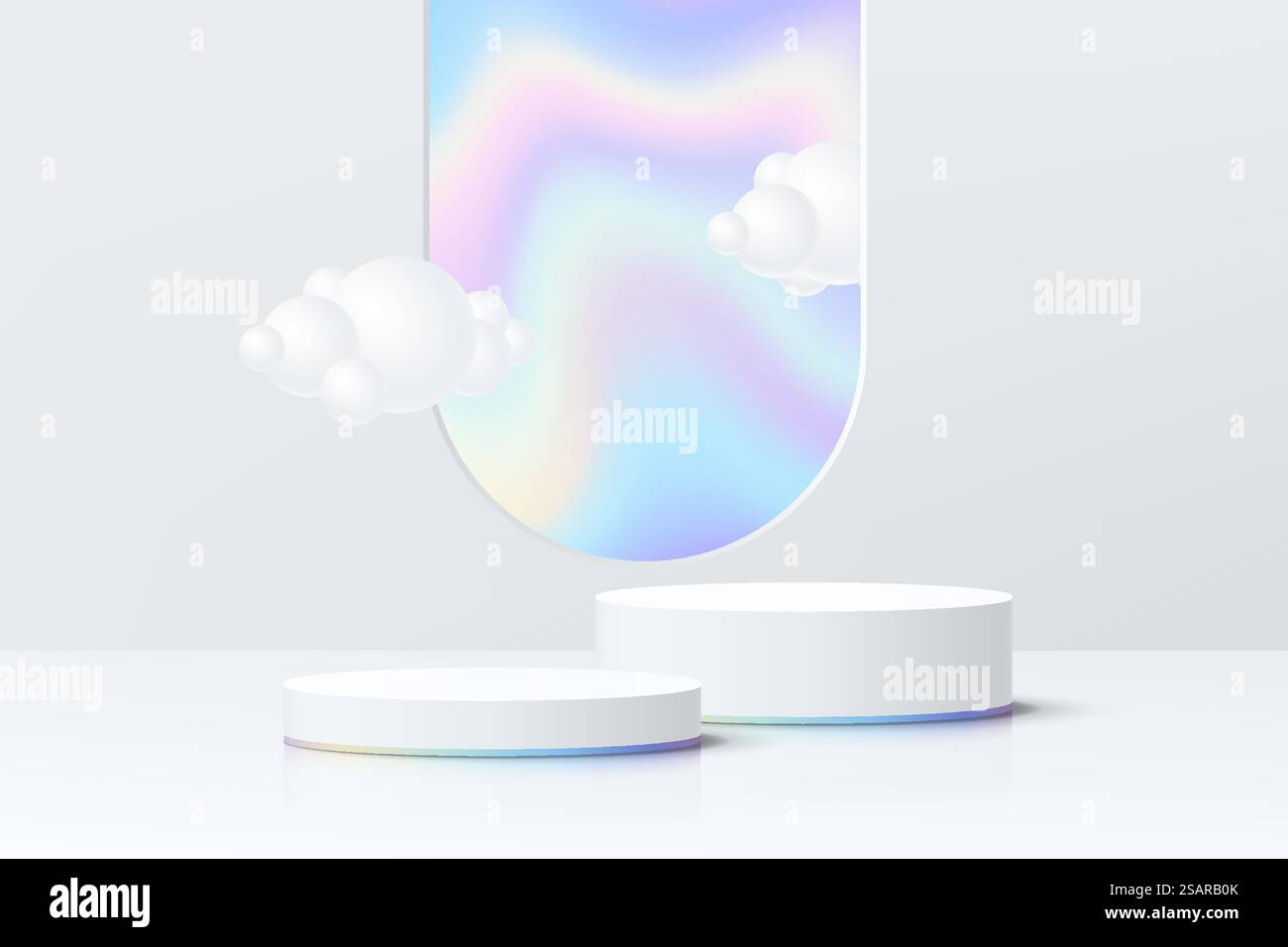 Abstract 3D room with realistic white cylinder pedestal podium set and cloud in arch shape ...