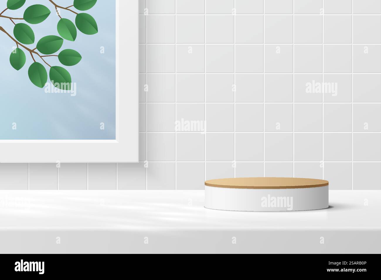 Abstract 3D white cylinder pedestal podium with green leaf in square ...