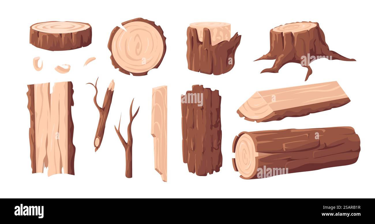 Wood materials. Cartoon lumber log and tree trunk. Wooden plank and ...