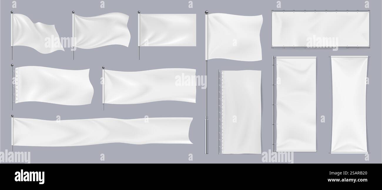 Realistic textile banners. 3D blank waving cotton flags. Empty fabric ...