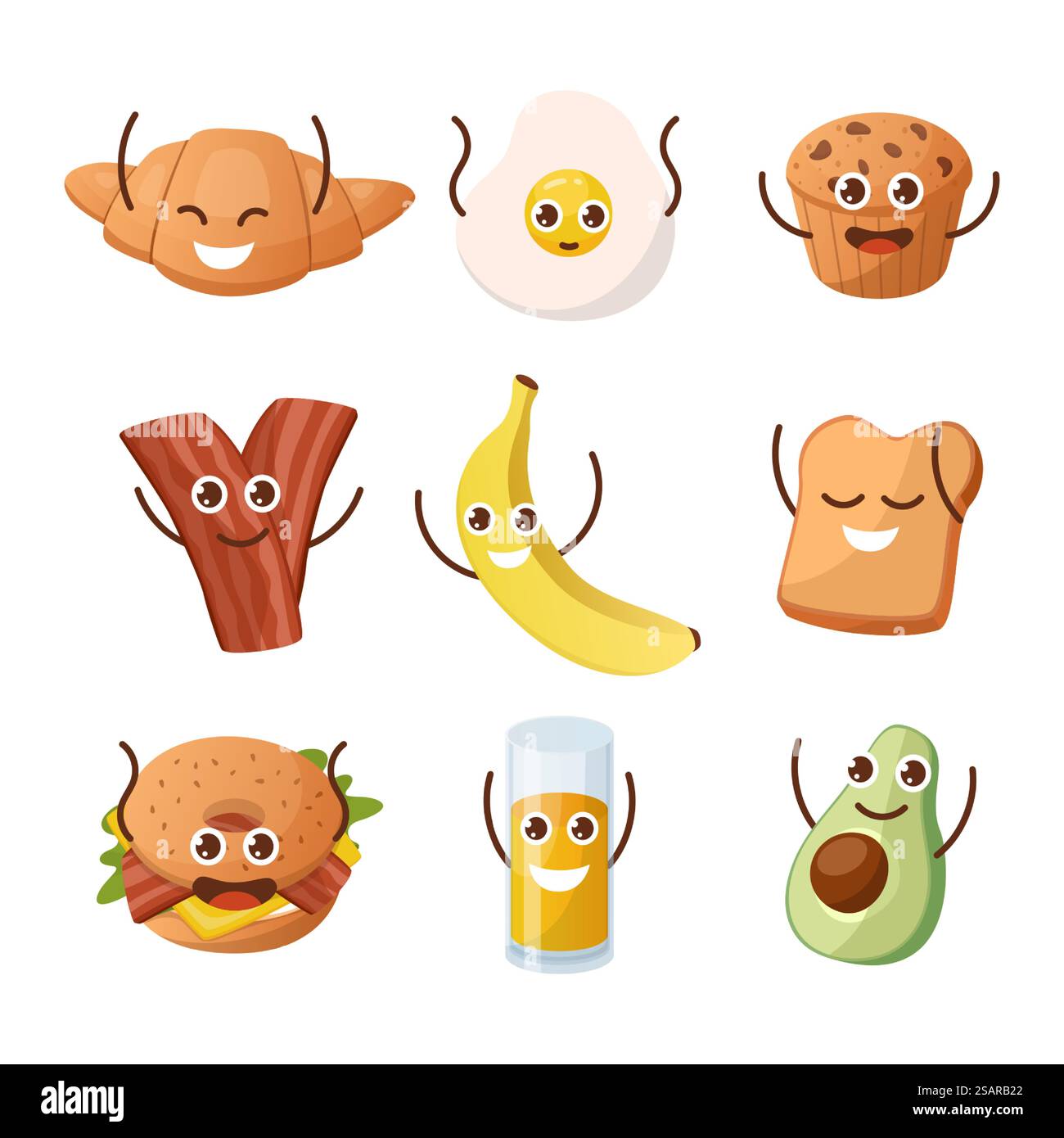 Breakfast characters. Morning food with funny doodle faces. Cute kawaii ...