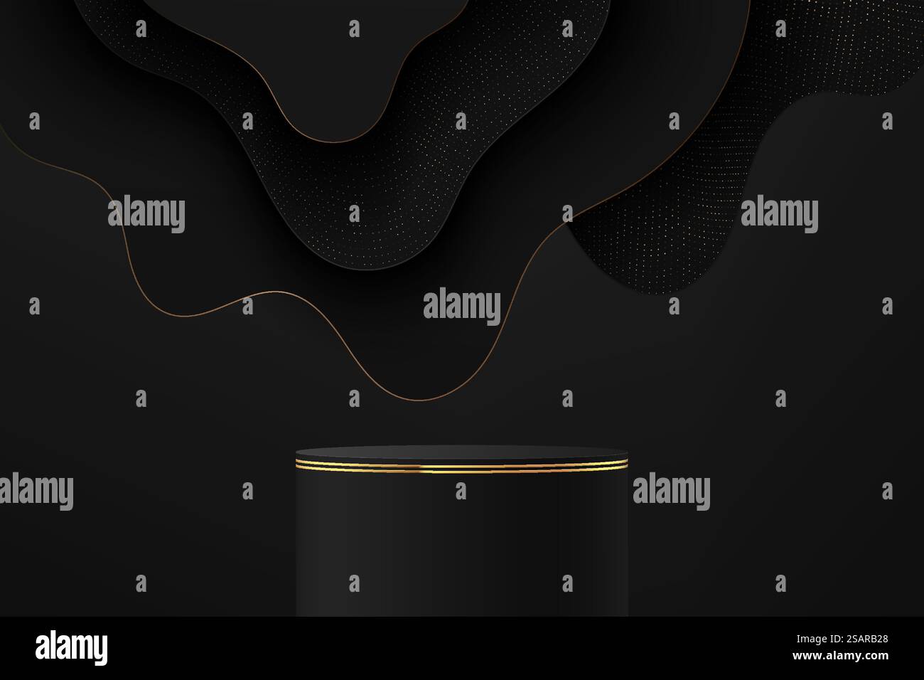 Abstract 3D black and gold realistic cylinder stand podium with golden ...