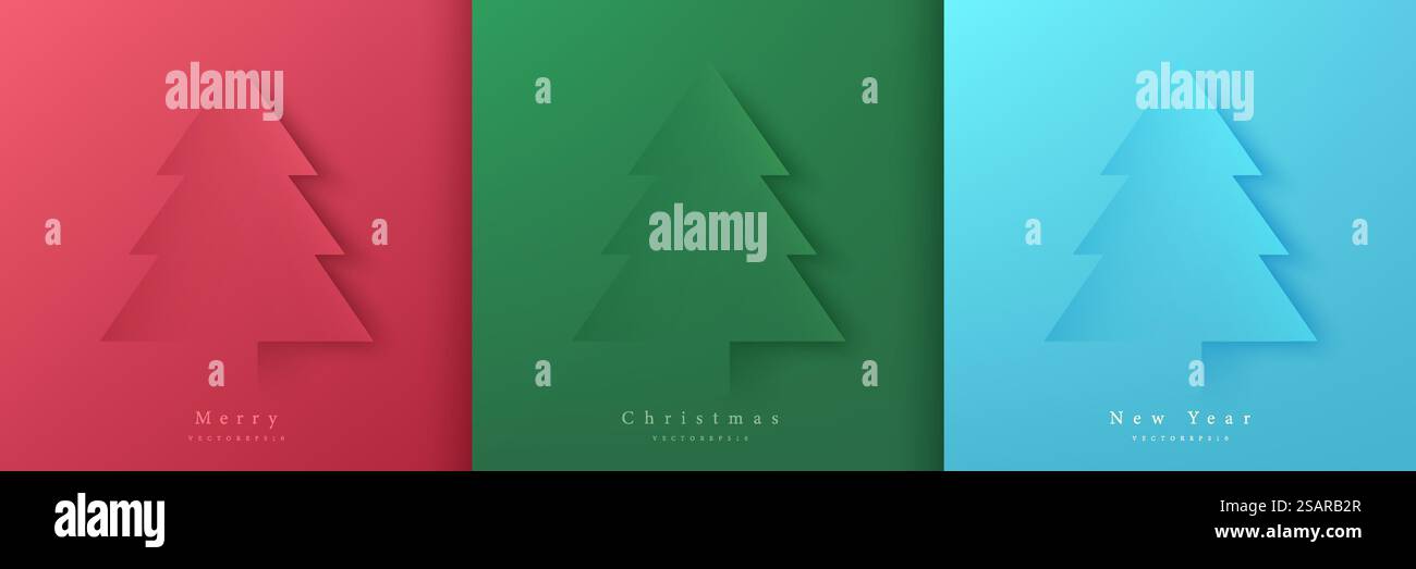 Set of merry christmas tree on red, green and light blue in paper cut ...