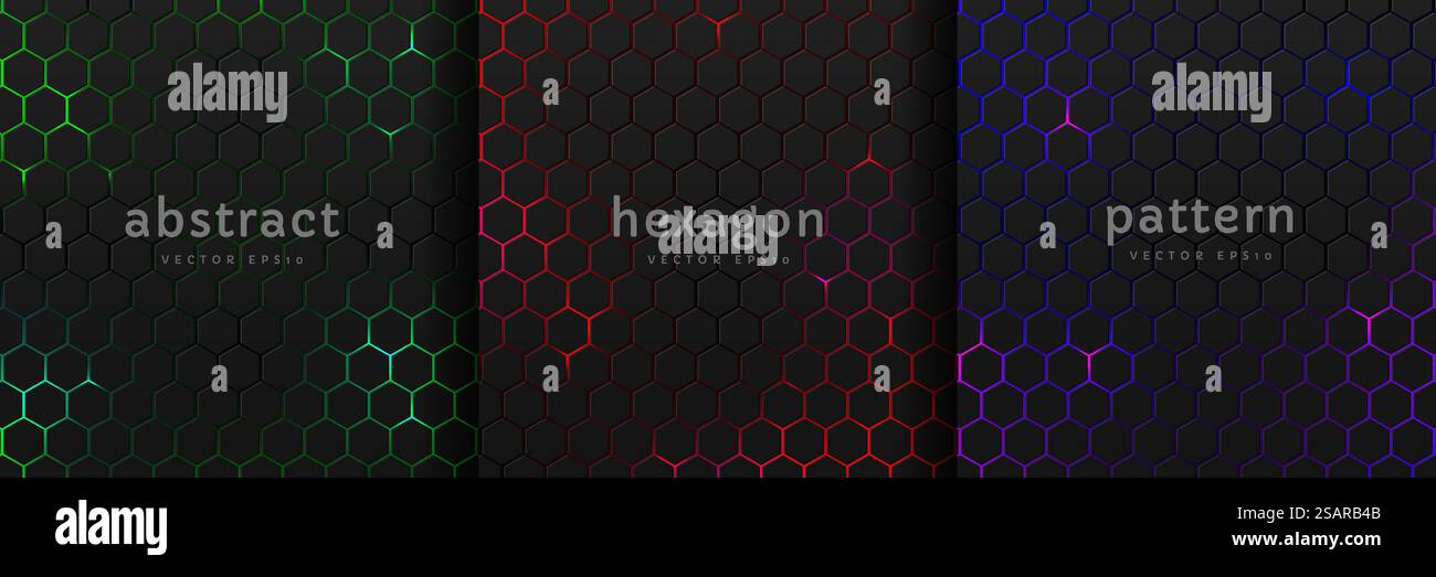 Set of black hexagon pattern on glowing red, blue, green neon abstract background in technology ...