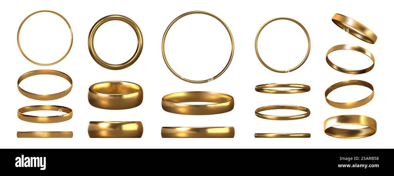 Golden rings. Realistic jewelry. View of shiny gold accessories from ...