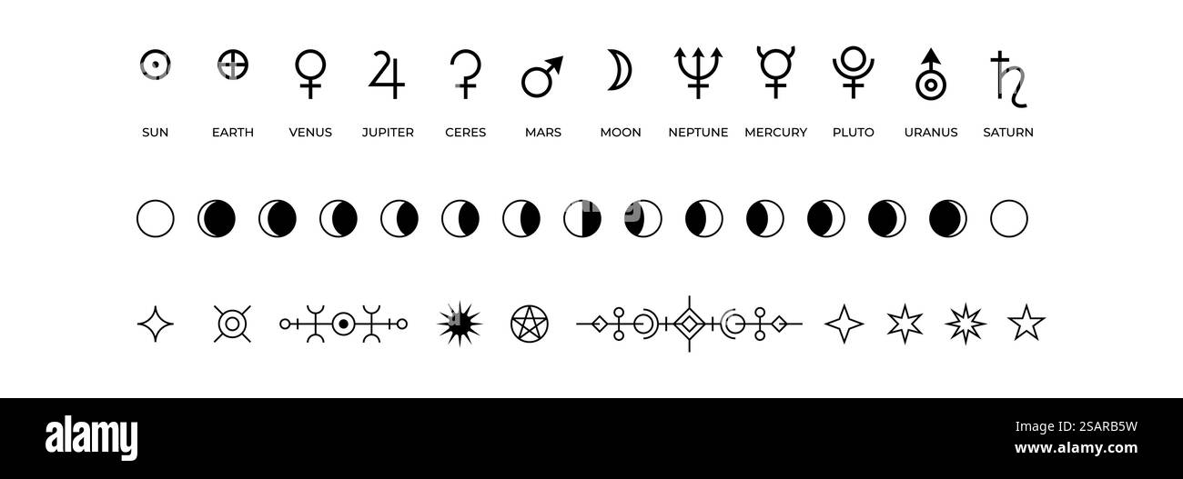 Moon phases icons. Black and white symbols of solar system planets or ...
