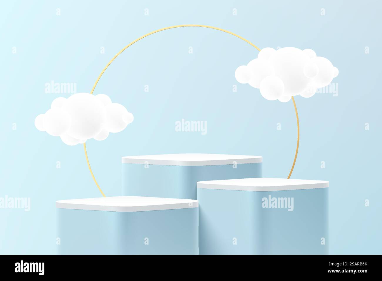 Abstract realistic blue and white 3D cube stand podium set with cloud ...