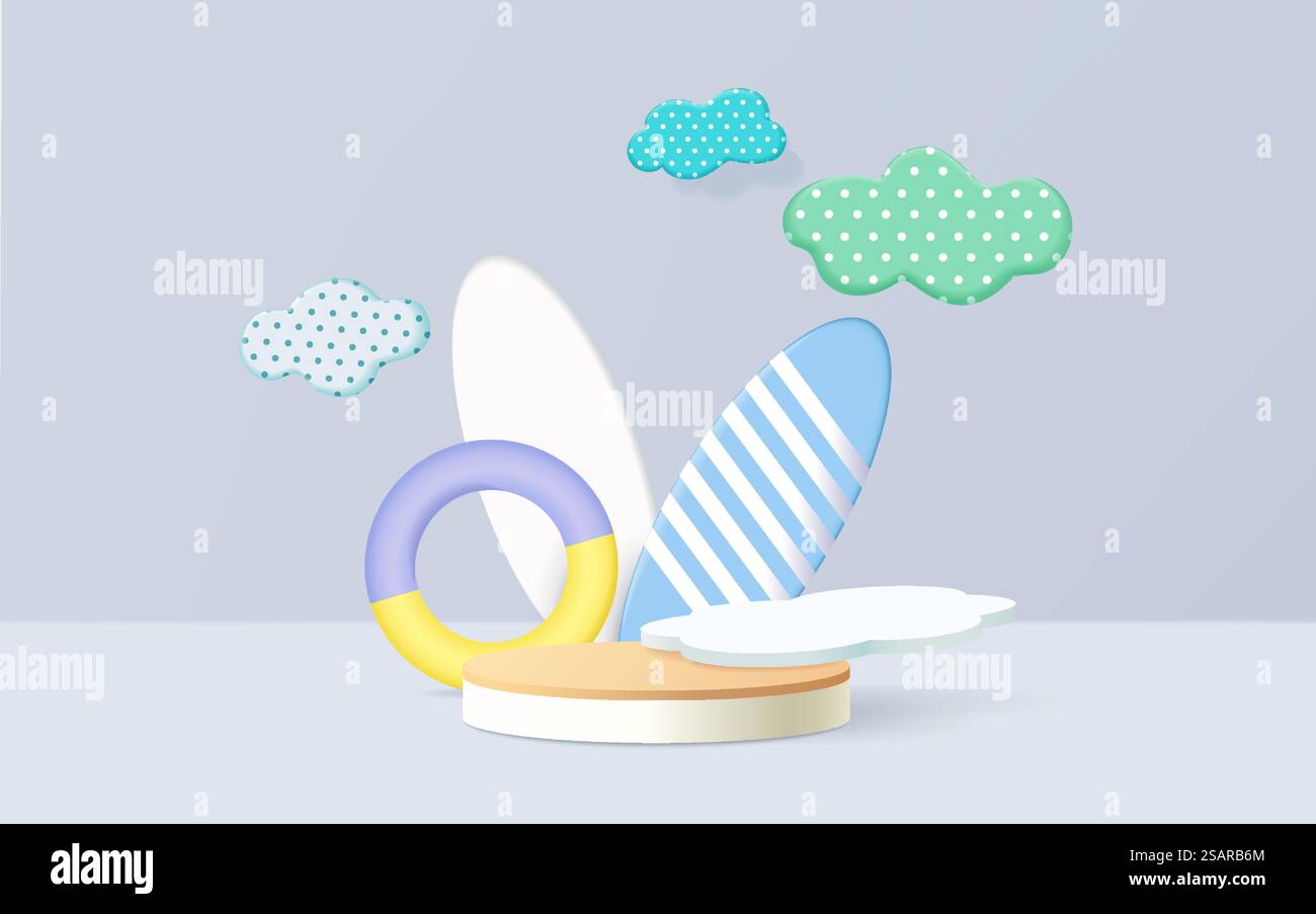 Summer background product display scene with surfboard. sky cloud ...