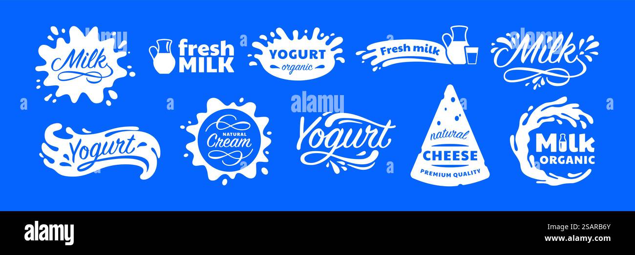 Milk product lettering labels. Yogurt splash drops, natural cheese and ...