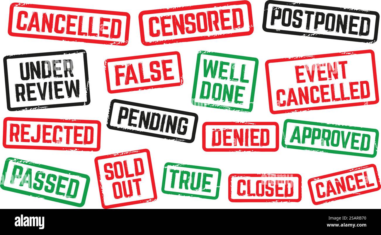 Rubber stamp sign. Event cancelled, sold out and closed stencil inscription with grunge texture ...