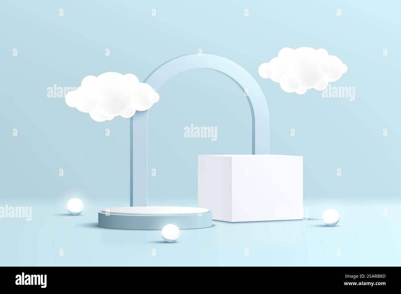 Abstract realistic 3D white and blue geometric pedestal podium set with ...