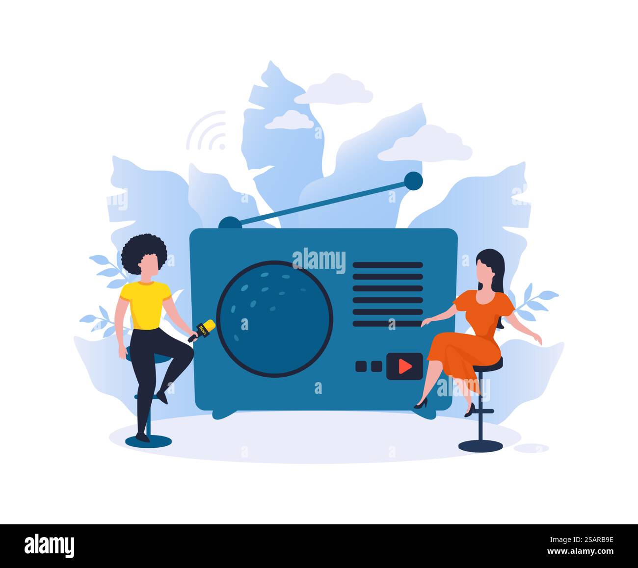 Online radio podcast. Cartoon women recording interview. Talk show ...