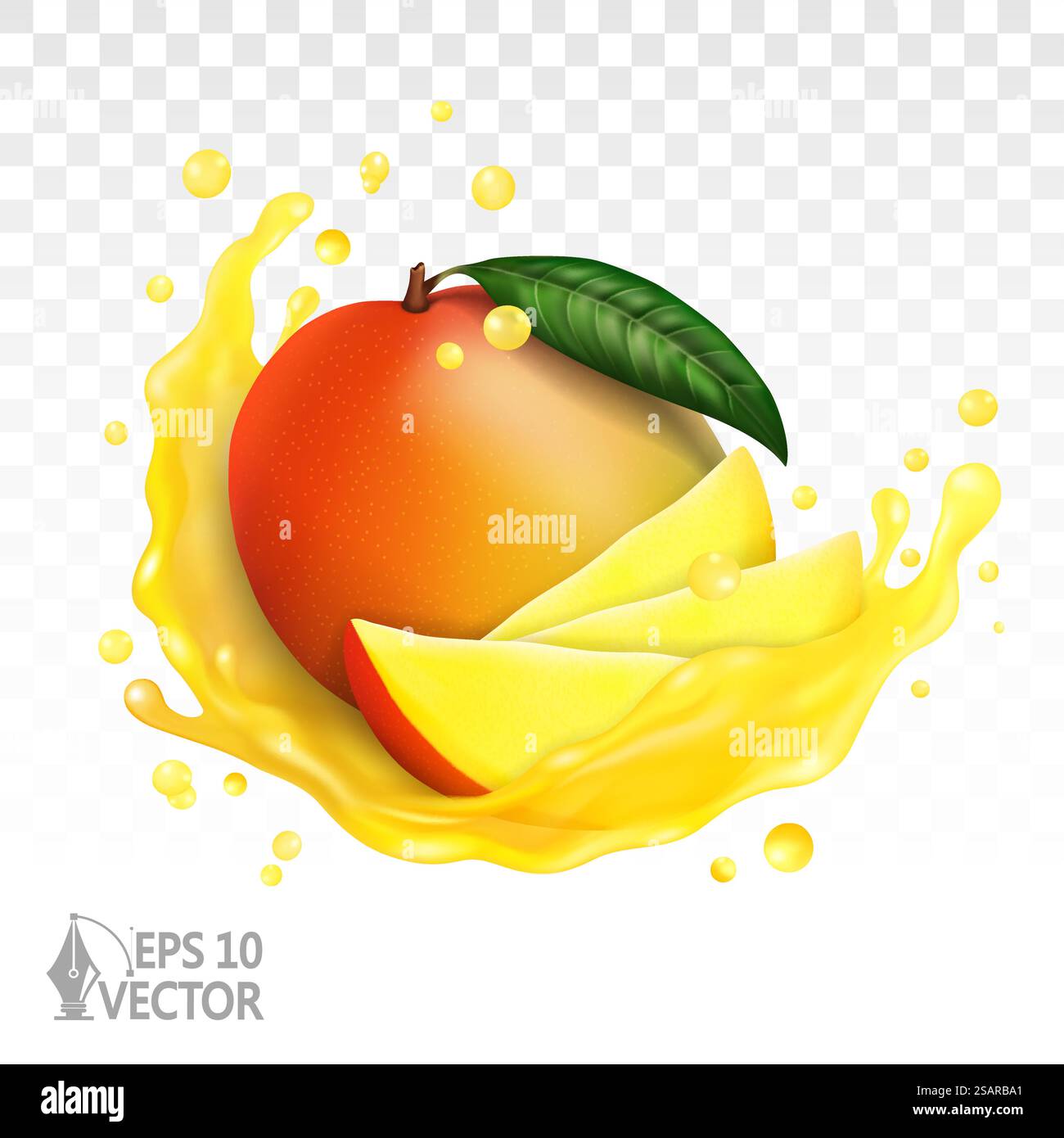 Mango fresh fruit and slices with splash, realistic mango juice splash ...