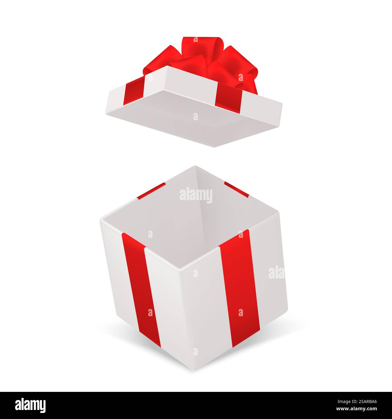 Open gift box. Realistic cardboard cube container with red ribbon bow ...