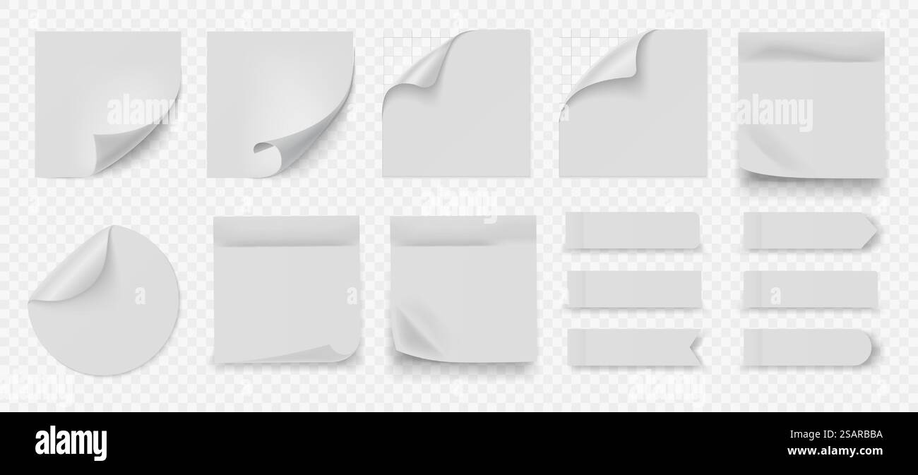 White sticky note. Realistic square and round blank papers with ...