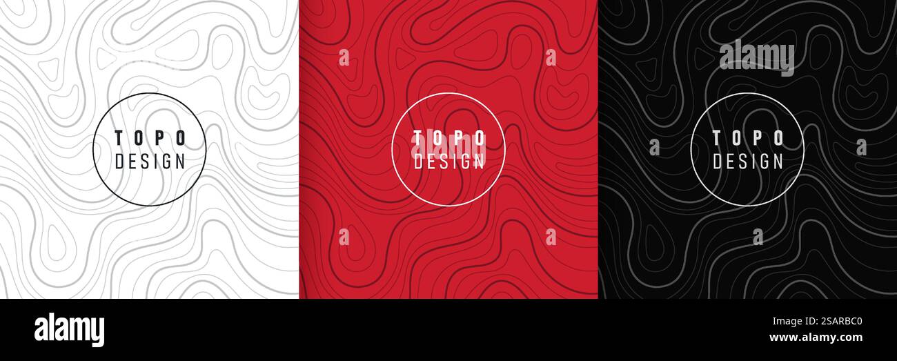 Set of white, red and black wavy lines abstract design. Topography ...
