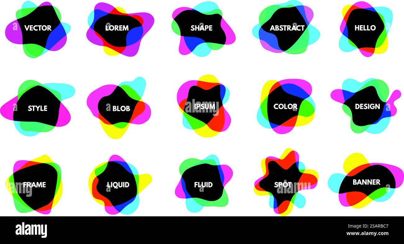 Blob overlay frames. Fluid overlapping shapes, abstract liquid spots and artistic color banner ...