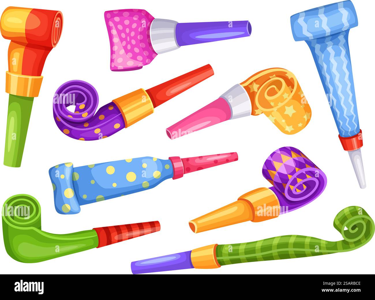Cartoon party blowers. Tube horn, blowing noisemaker for birthday ...