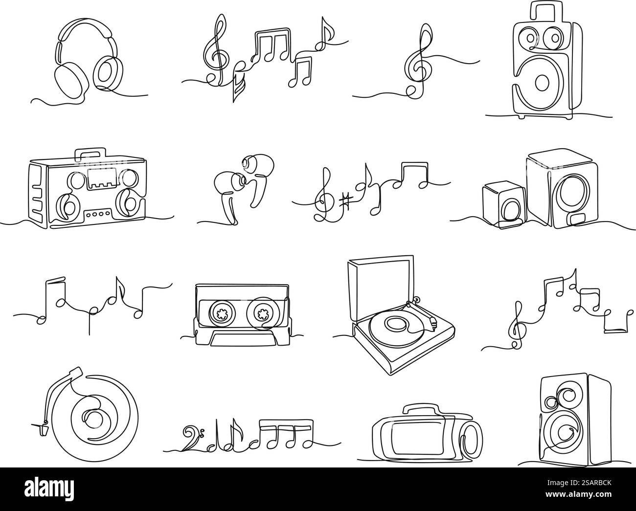 Continuous one line music illustrations. Linear headphones, audio ...