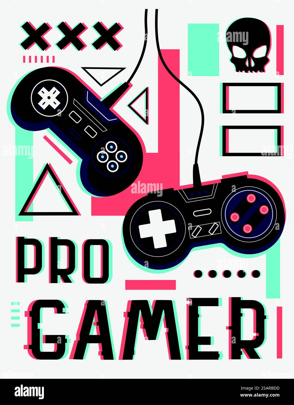 Play video game poster. Pro gamer concept. Black wired joysticks and ...