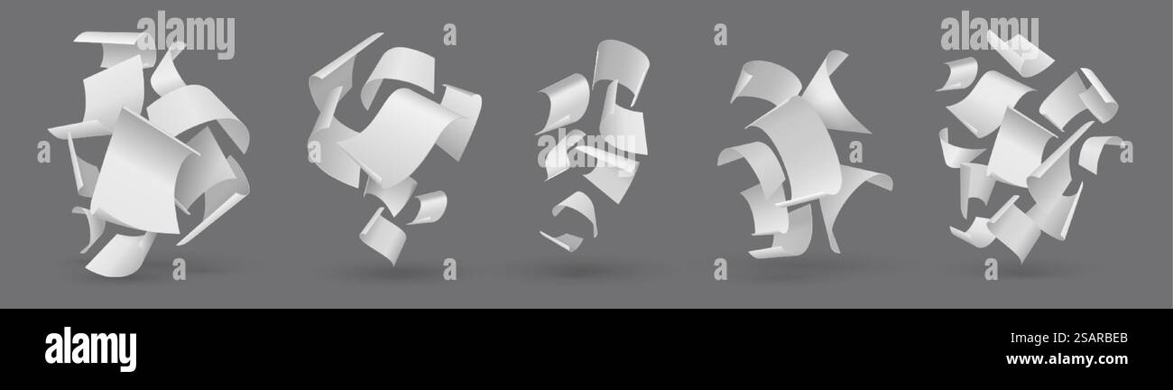 Falling paper. Realistic flying pages. Blown away 3D blank white sheets ...