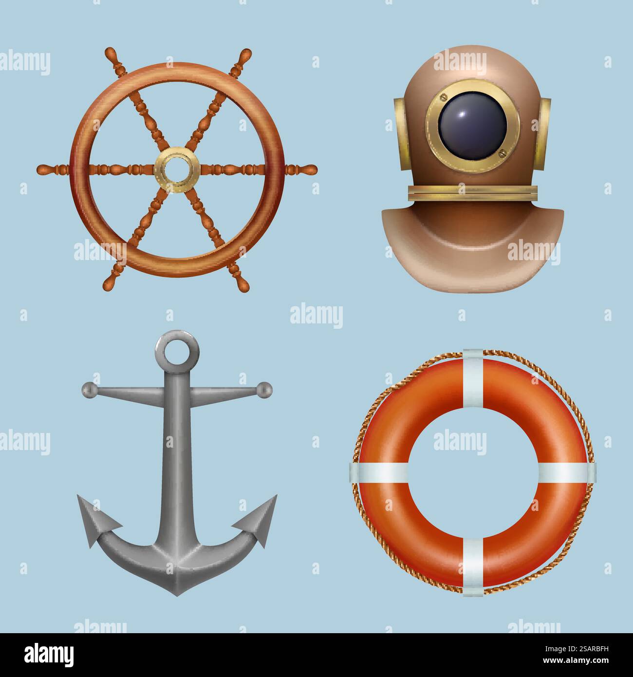 Marine realistic. Space suit lifebuoy anchor steering wheel diving ...