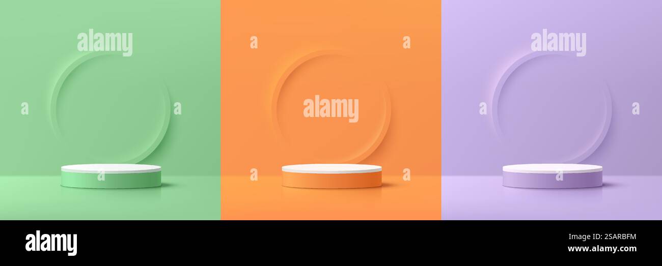 Set of green, orange, purple, white cylinder pedestal podium. Emboss ...