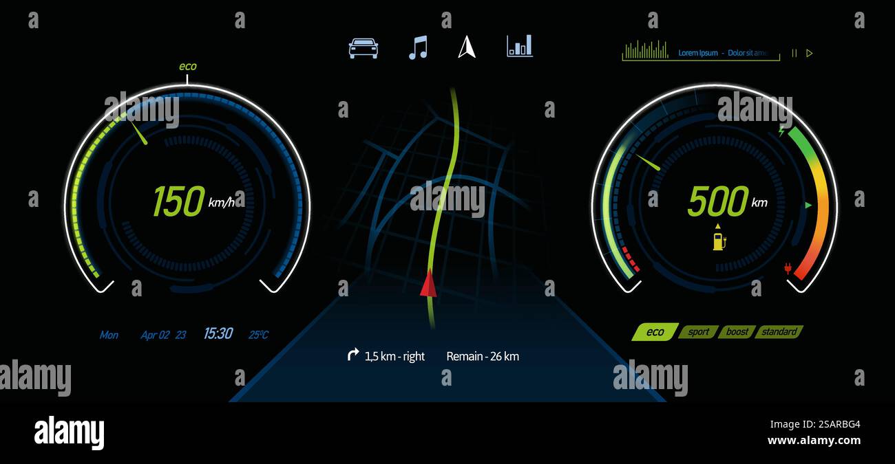 Electric car dashboard. EV auto ui with various indicators, pictogram ...
