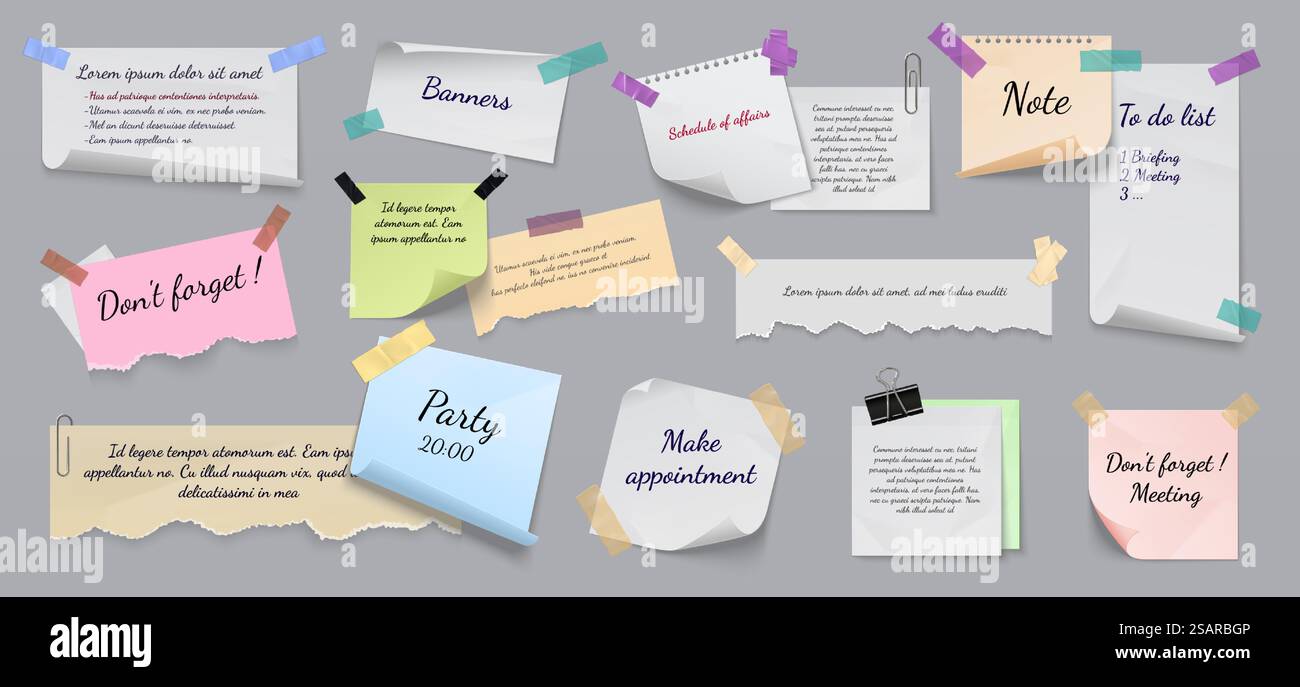 Sticky notes. Realistic reminders on adhesive tapes with clip binders ...