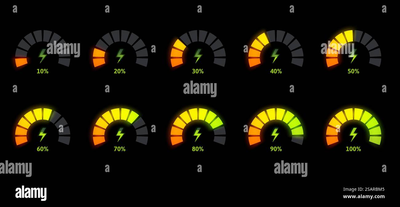 Power level indicator animation. Energy meter, battery gauge bar and animated charging progress ...