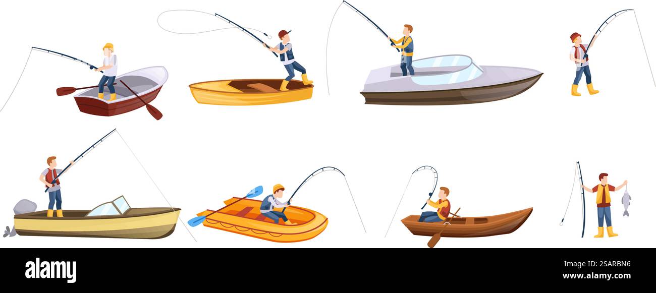 Cartoon fisherman characters. People fishing from boat, cast fishing ...