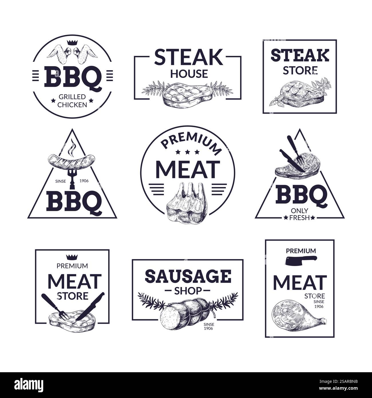 Meat logo. Hand drawn steakhouse, butchery and market labels with ...
