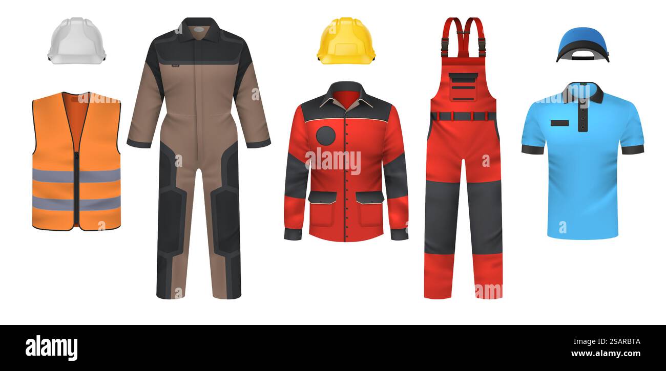 Realistic uniform workwear clothes mockup isolated jumpsuit and t shirt ...