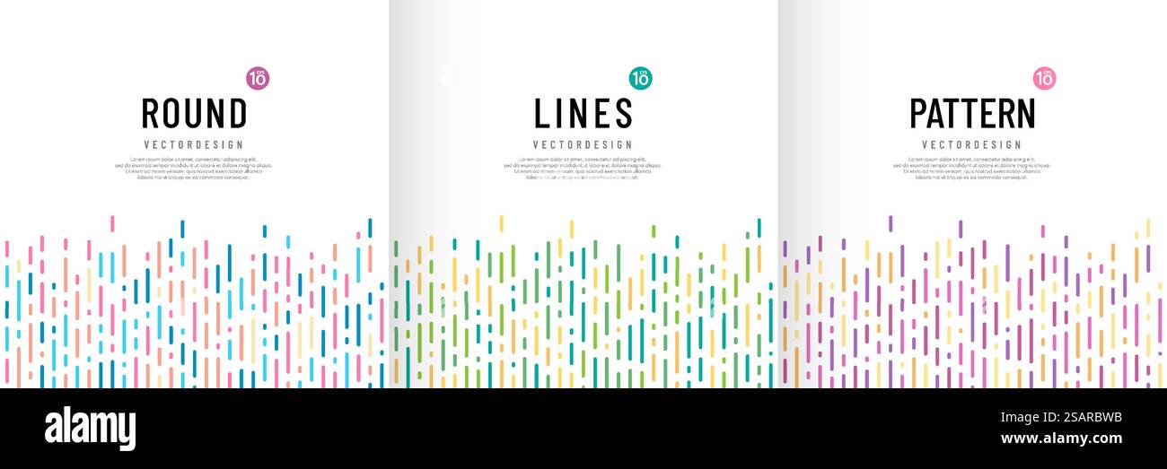 Set of colorful vertical stripes lines and round dots pattern on a ...