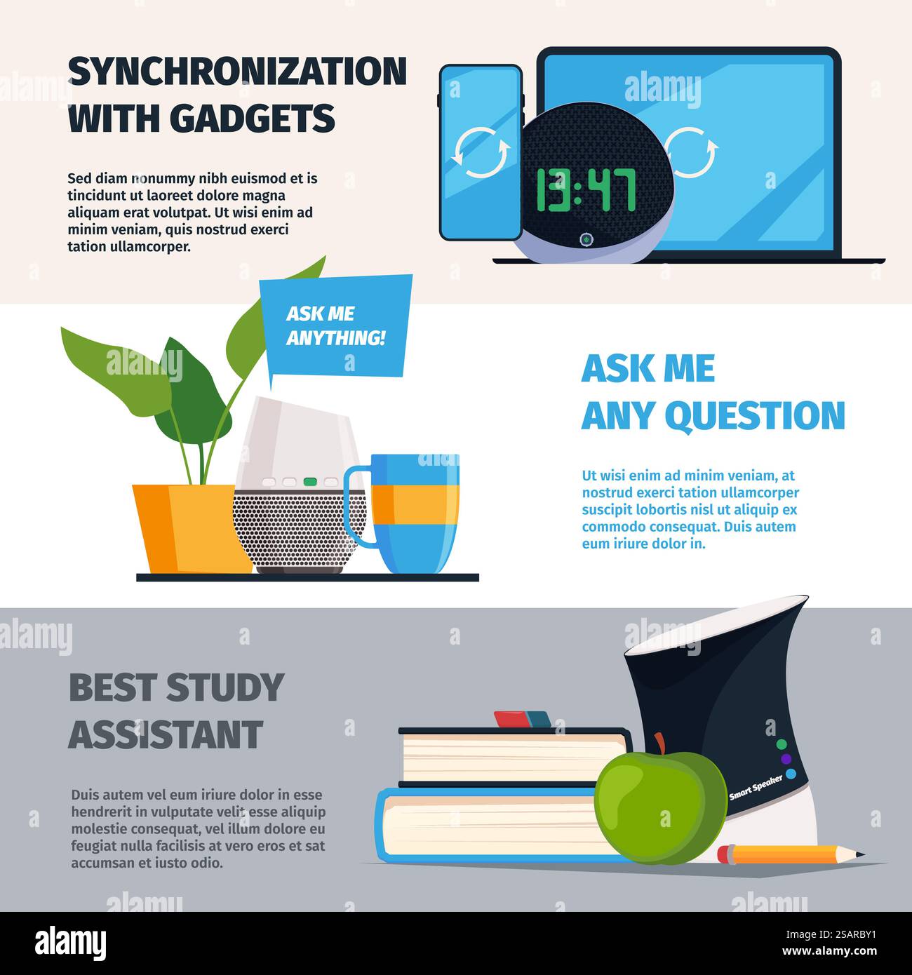 Smart speakers. Different home electric web devices for smart home digital voice connection ...