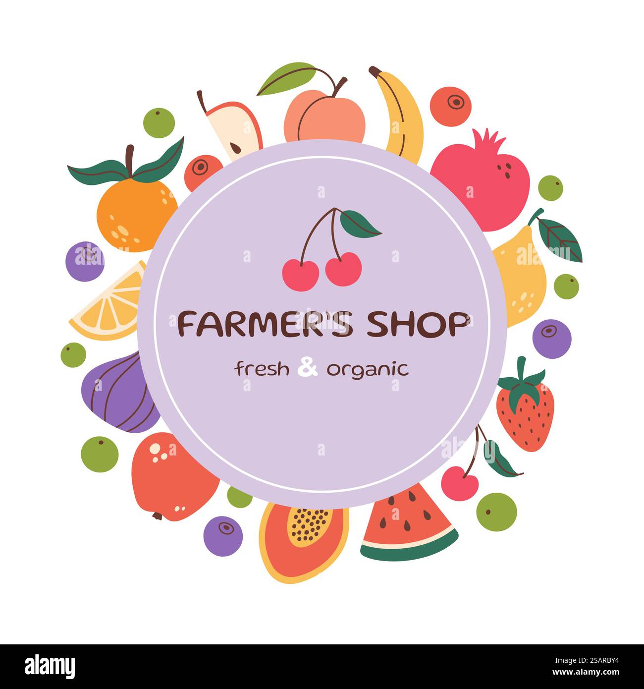 Farmers shop design template. Cute fruits and berries round frame in ...