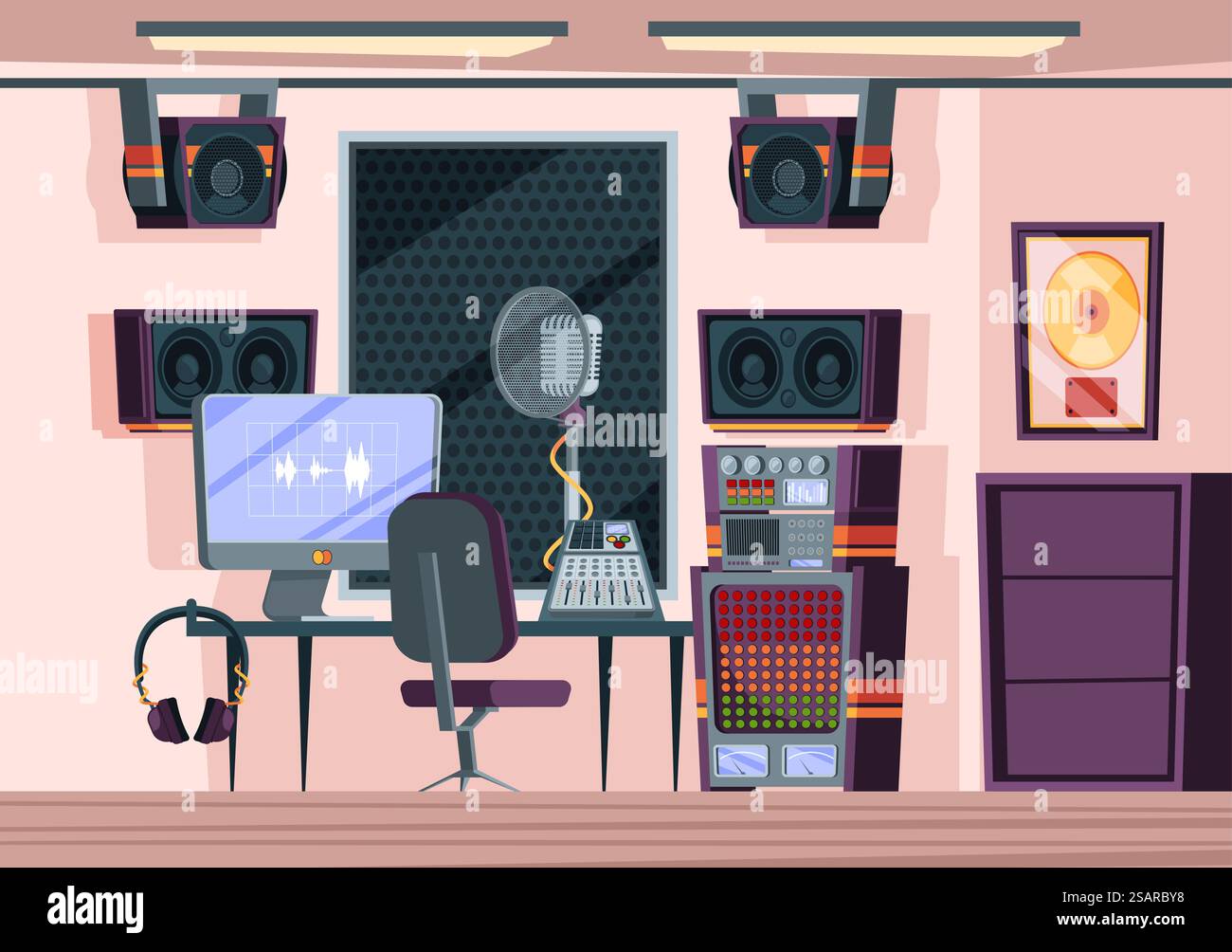 Music record studio. Interior with acoustic walls and sound production ...