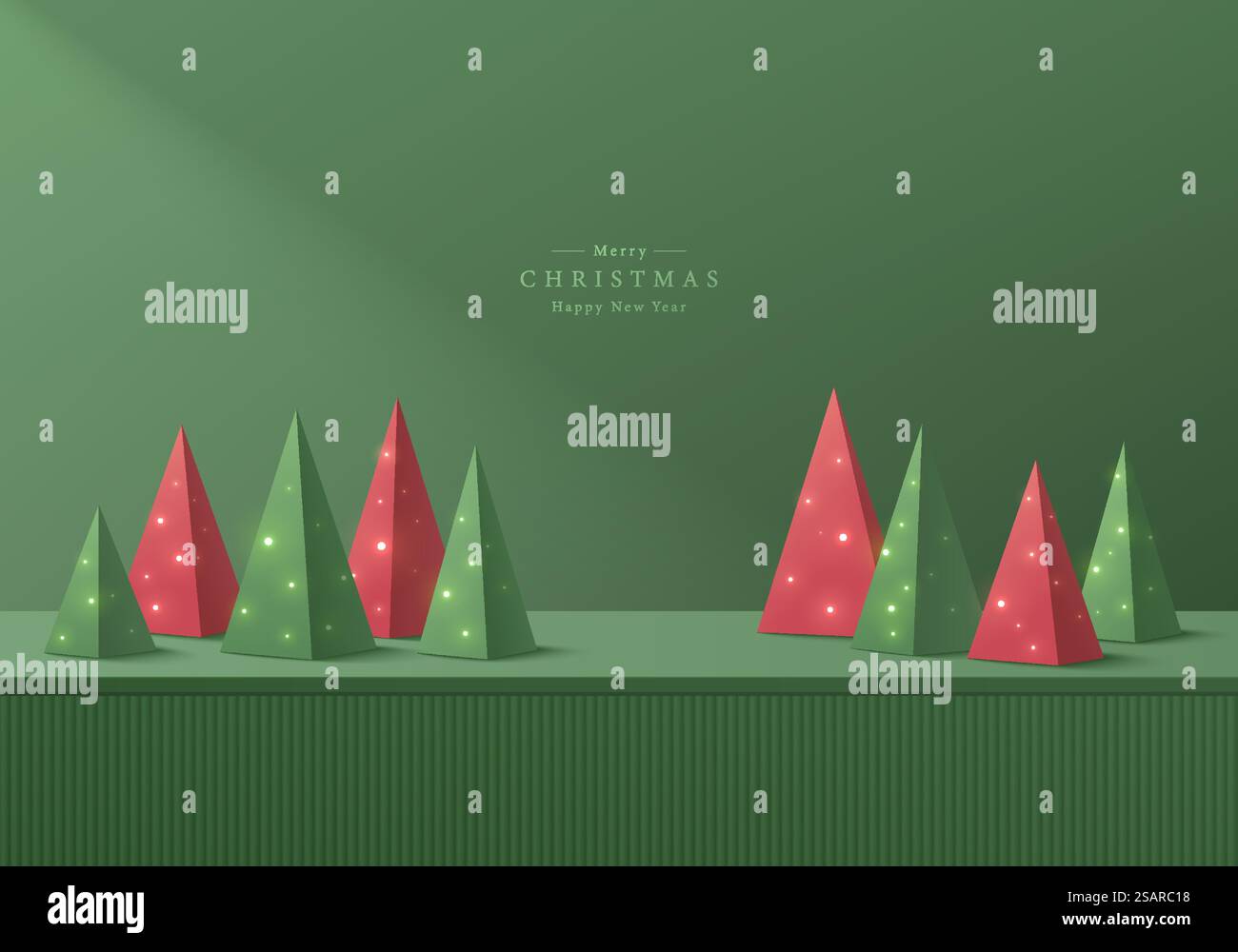 Abstract 3D wall scene background with realistic green stand podium ...