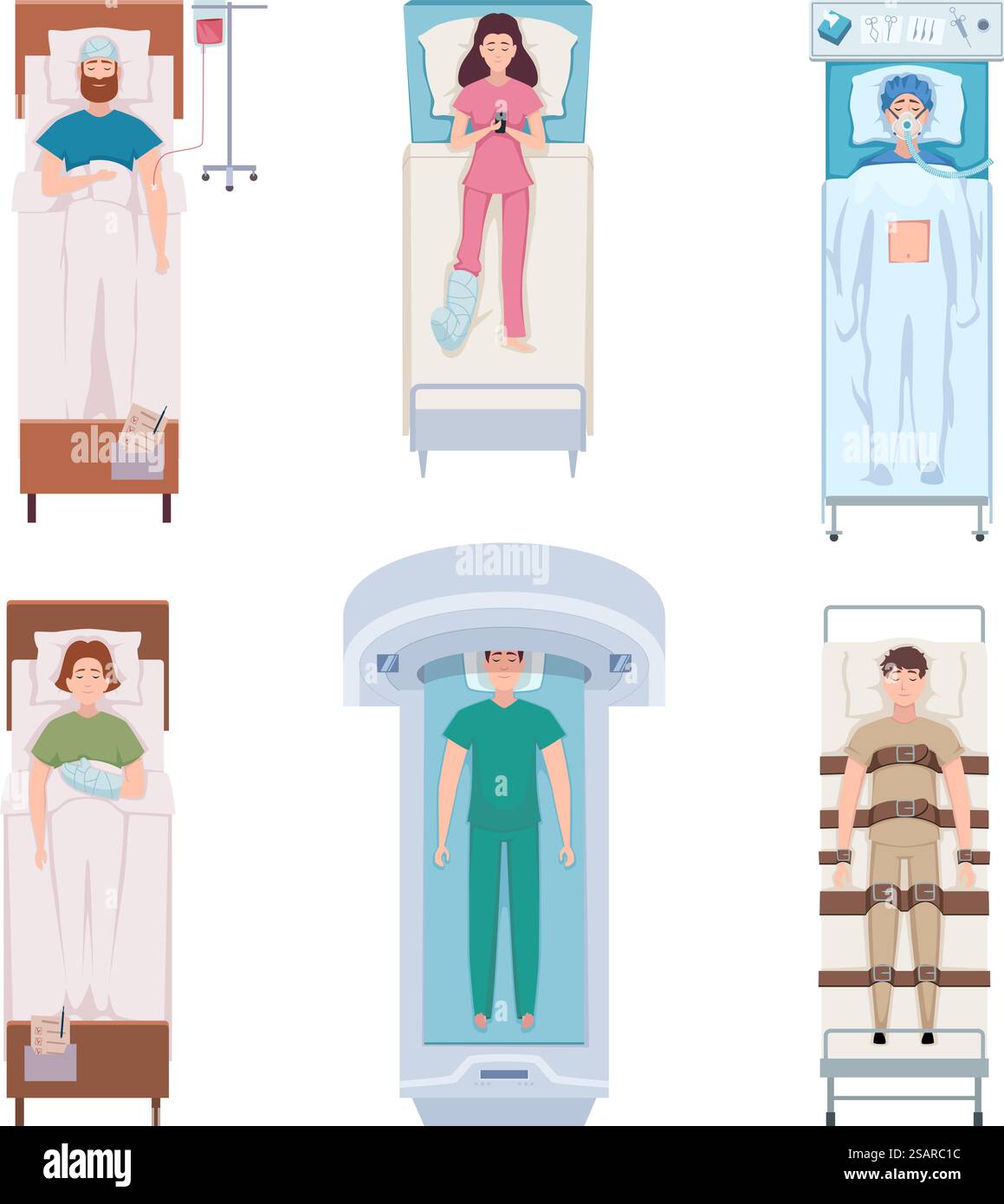 Patient in bed. Ill cartoon characters in hospital bed emergency ...