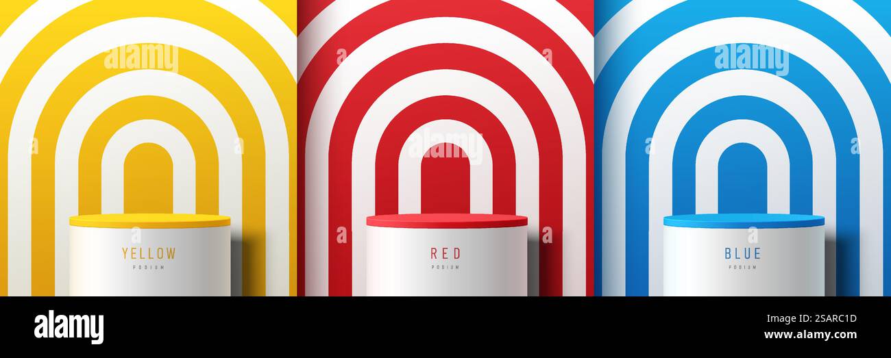 Set of yellow, red, blue, white round arch pattern background with ...