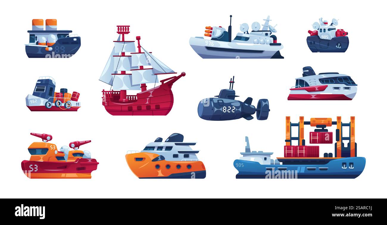 Cartoon ship. Passenger and cargo sea transport. Funny steamboat sails ...