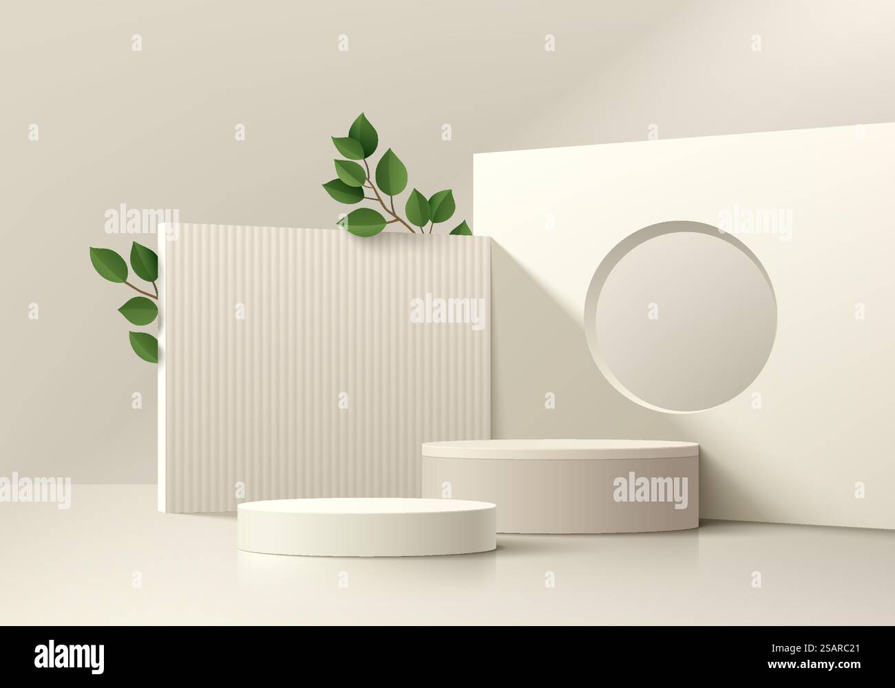 Abstract 3D background, Realistic cream beige cylinder pedestal podium ...