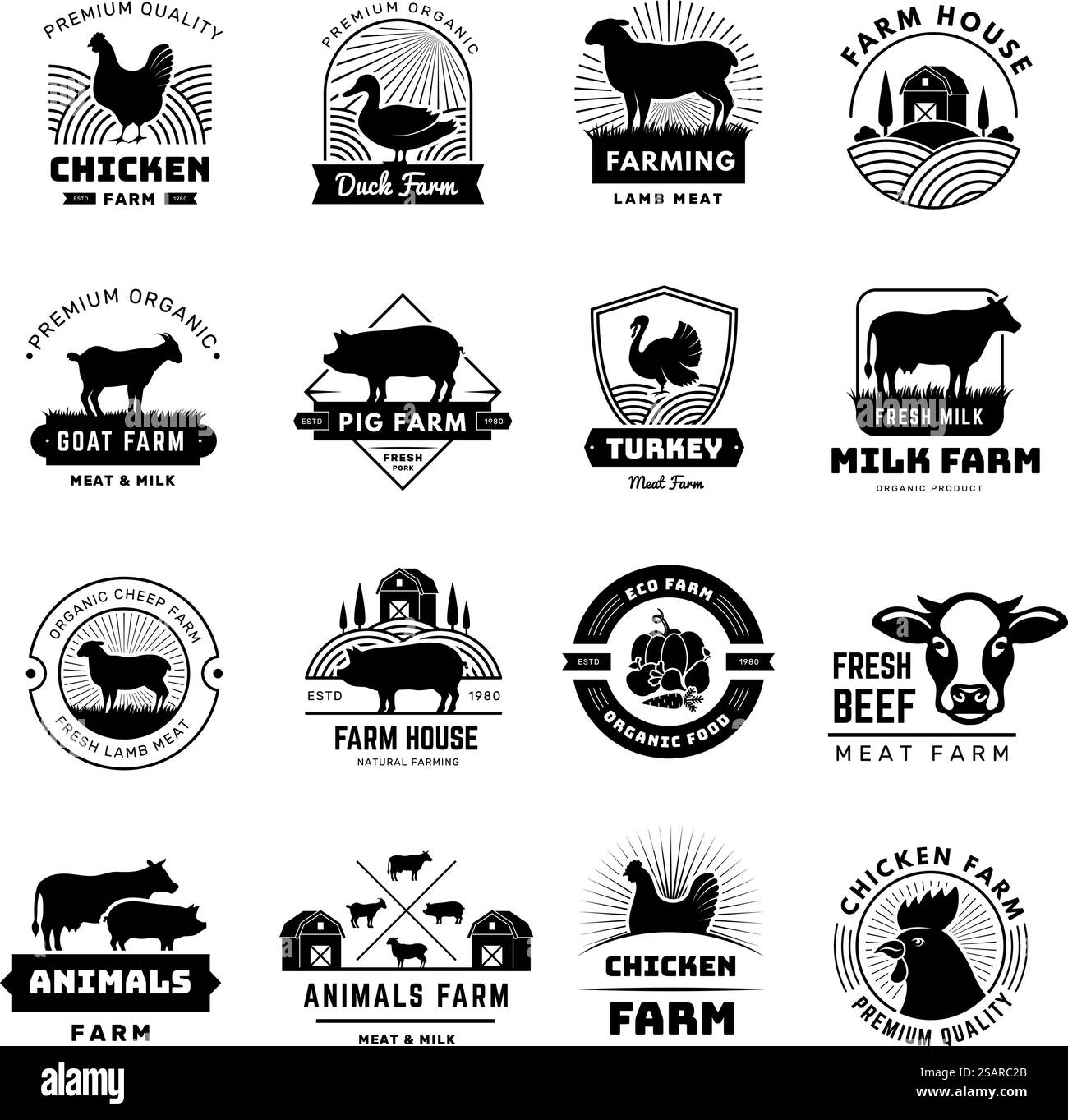 Rural badges. Farm emblems with domestic animals pork horses cows ...