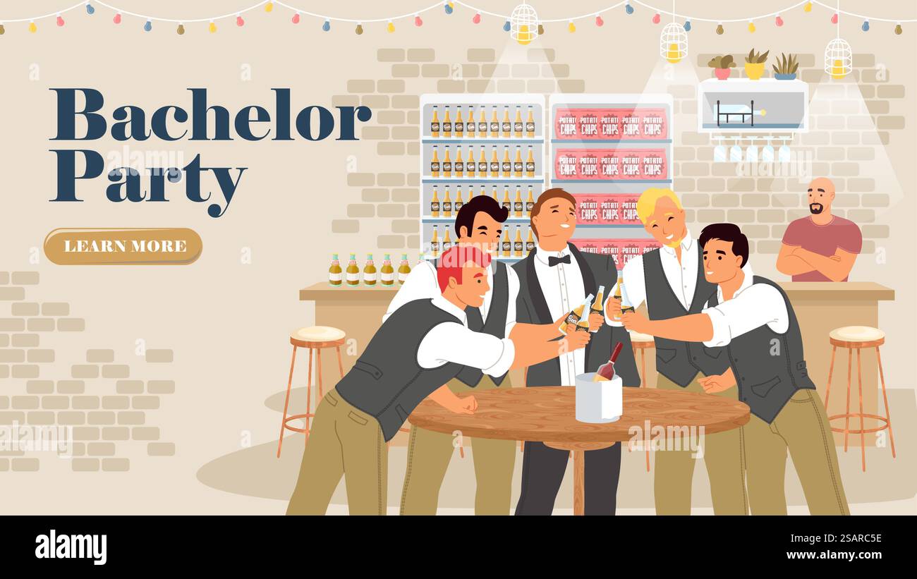 Bachelor party landing page design template with happy male friends ...