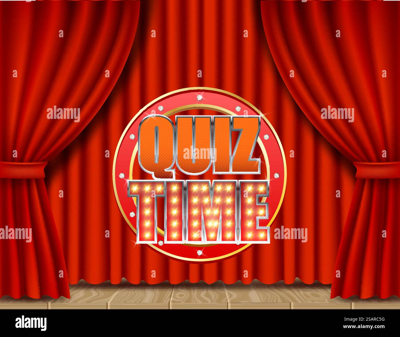 Quiz time signboard with glowing lights on red velvet curtains, vector ...
